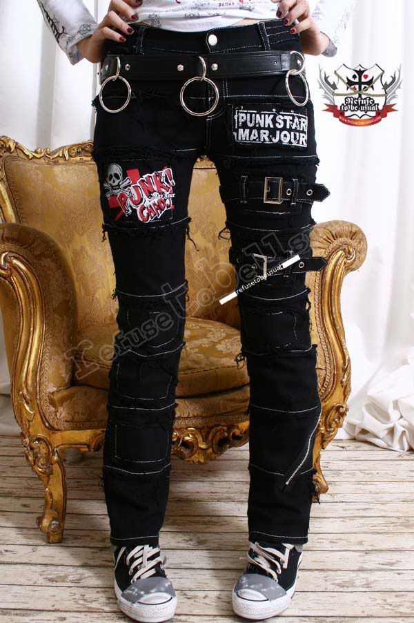 Punk Skinny Fray Patch Stretch Cigarette Denim Jeans Xl Ebay