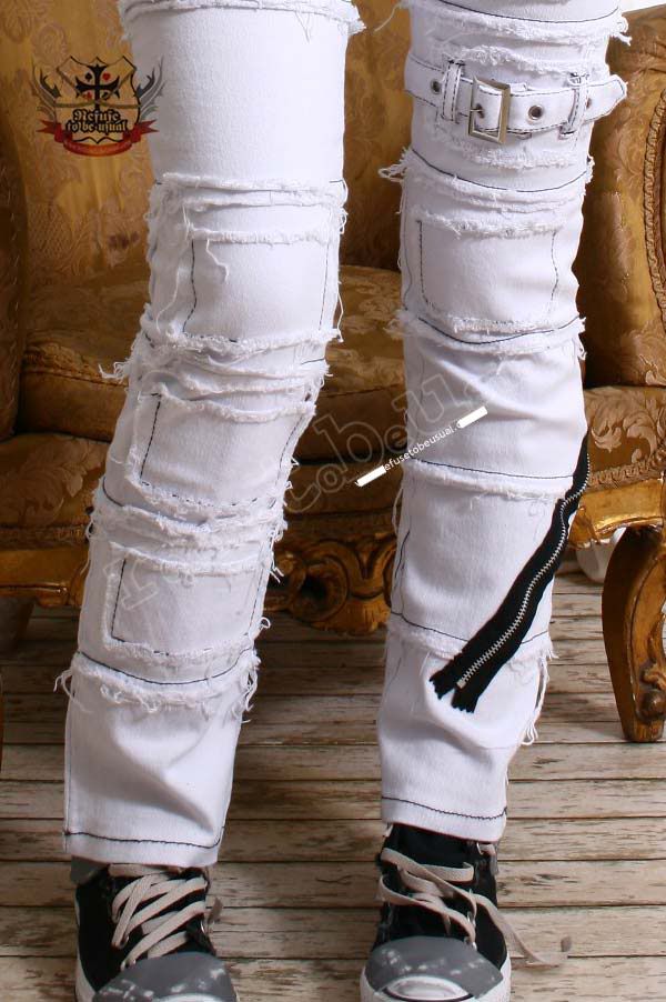 Punk Emo Skinny Fray Patch Stretch White Denim Jeans Xl Ebay