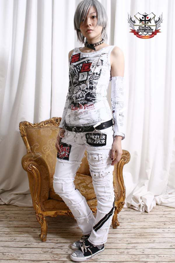 Punk Emo Skinny Fray Patch Stretch White Denim Jeans Xl Ebay